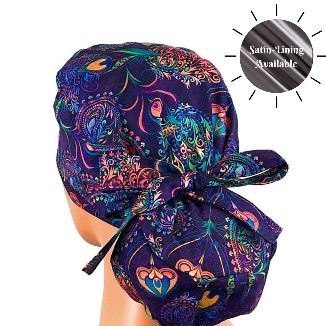 Ponytail Scrub Cap, Surgical Scrub Hat With Ties, Nurses Cap, Satin ...