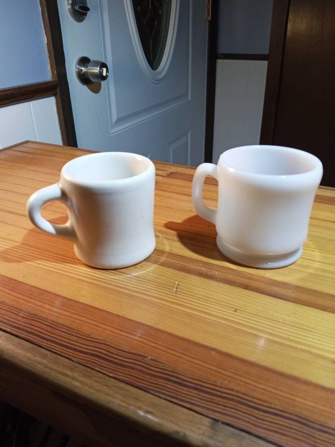 Pair of White Vintage Shaving Mugs; Walker China, Anchor Hocking Glass ...