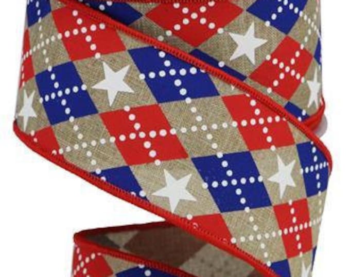 Wired Ribbon by the Roll Red White and Blue Beige Argyle Stars 2.5 X 10 ...