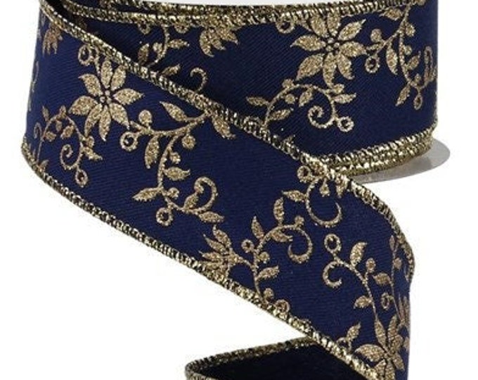 Wired Ribbon by the Roll Mini Gold Poinsettias and Vines navy Blue ...