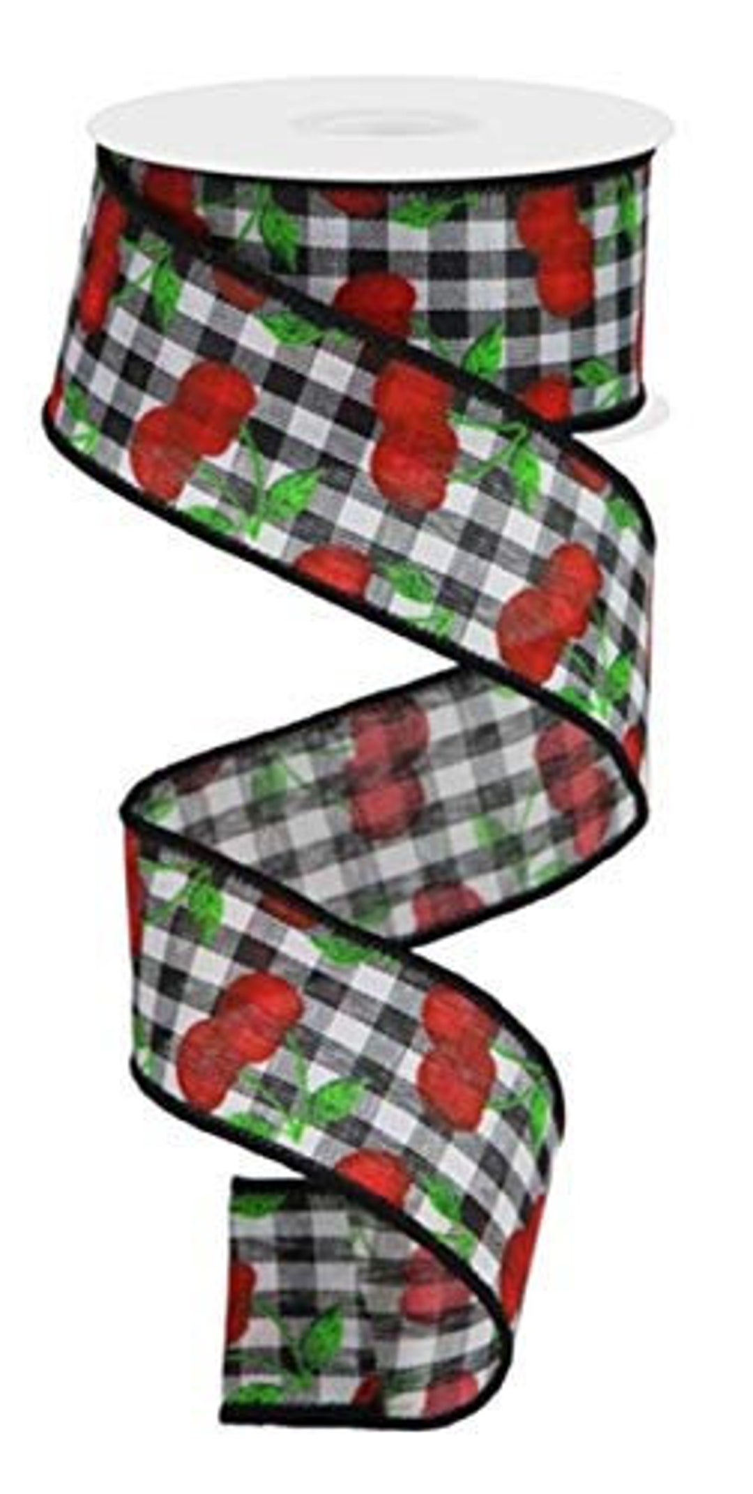 Wired Ribbon by the Roll Cherries on Gingham Check Print black, Red 1.5 ...