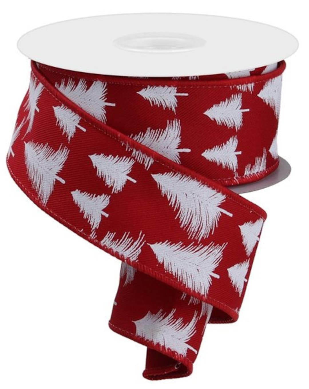 Wired Ribbon by the Roll Wispy Christmas Trees white, Red 1.5 Inches X ...