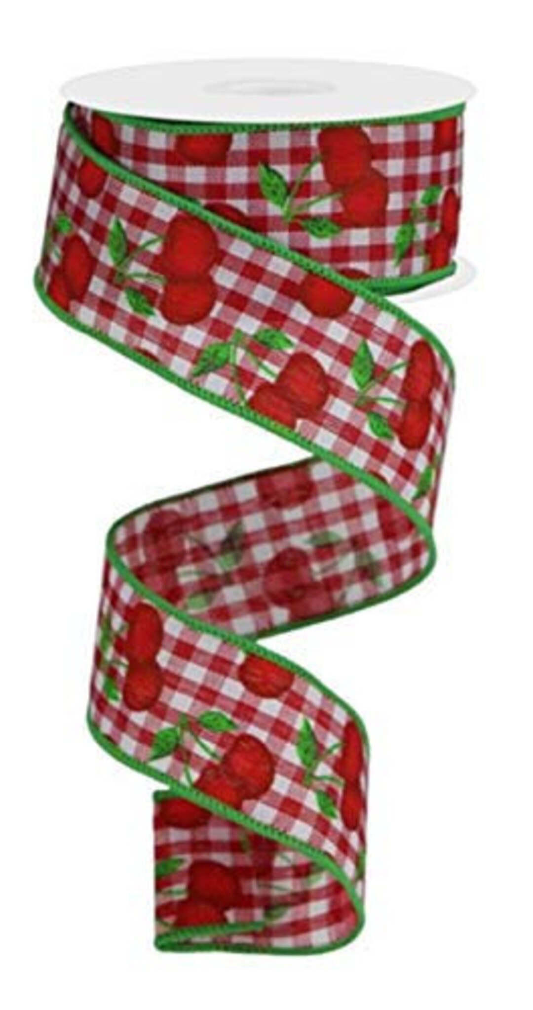Wired Ribbon by the Roll Cherries on Gingham Check Print (green, Red) 1 ...