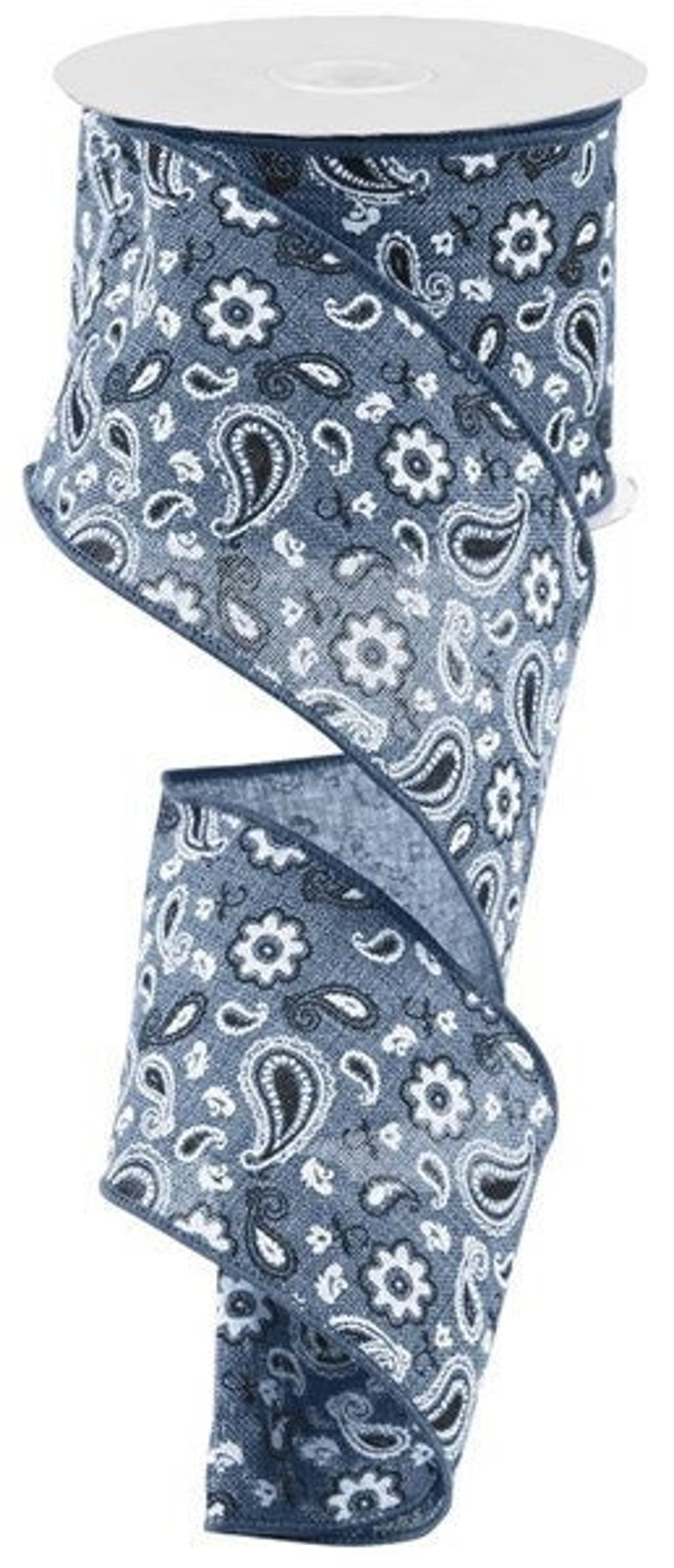 Wired Ribbon by the Roll Bandana Print (denim Blue, Black, White) 2.5 ...