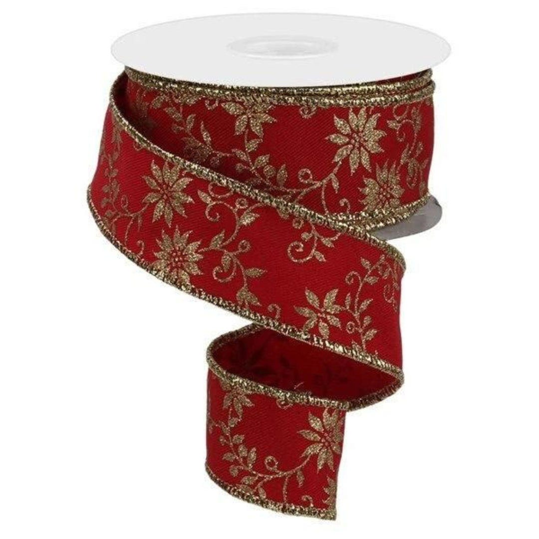 Wired Ribbon by the Roll Mini Gold Poinsettias and Vines (red, Gold) 1. ...