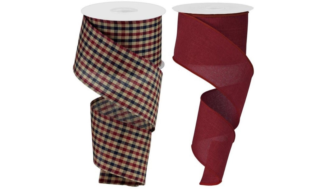Wired Ribbon by the Roll Set of 2 Gingham Check (navy, Burgundy, Tan ...