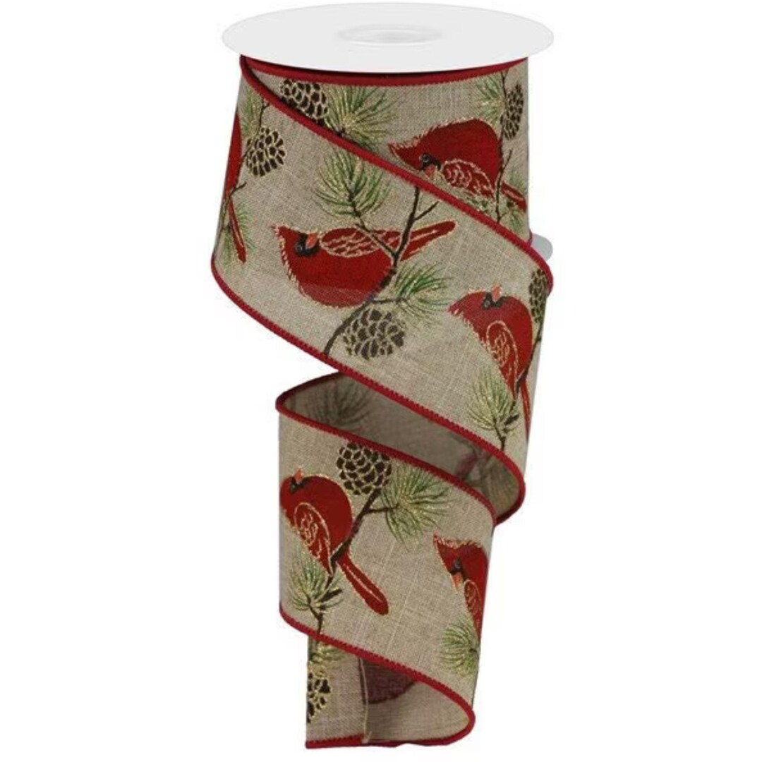 Wired Ribbon by the Roll Red Cardinal on Branch (red, Lt Beige, Gold ...