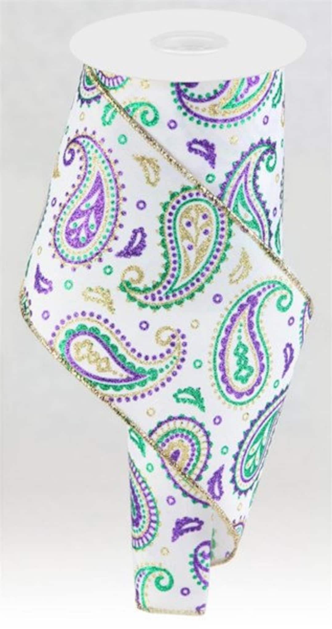 Wired Ribbon by the Roll 4 Inch X 10 Yards Mardi Gras Glittered Paisley ...
