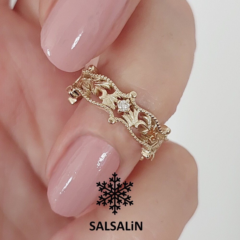 Leaf Ivy Ring, Yellow Gold Band, Natural Diamond Band, 14K Solid Gold ...
