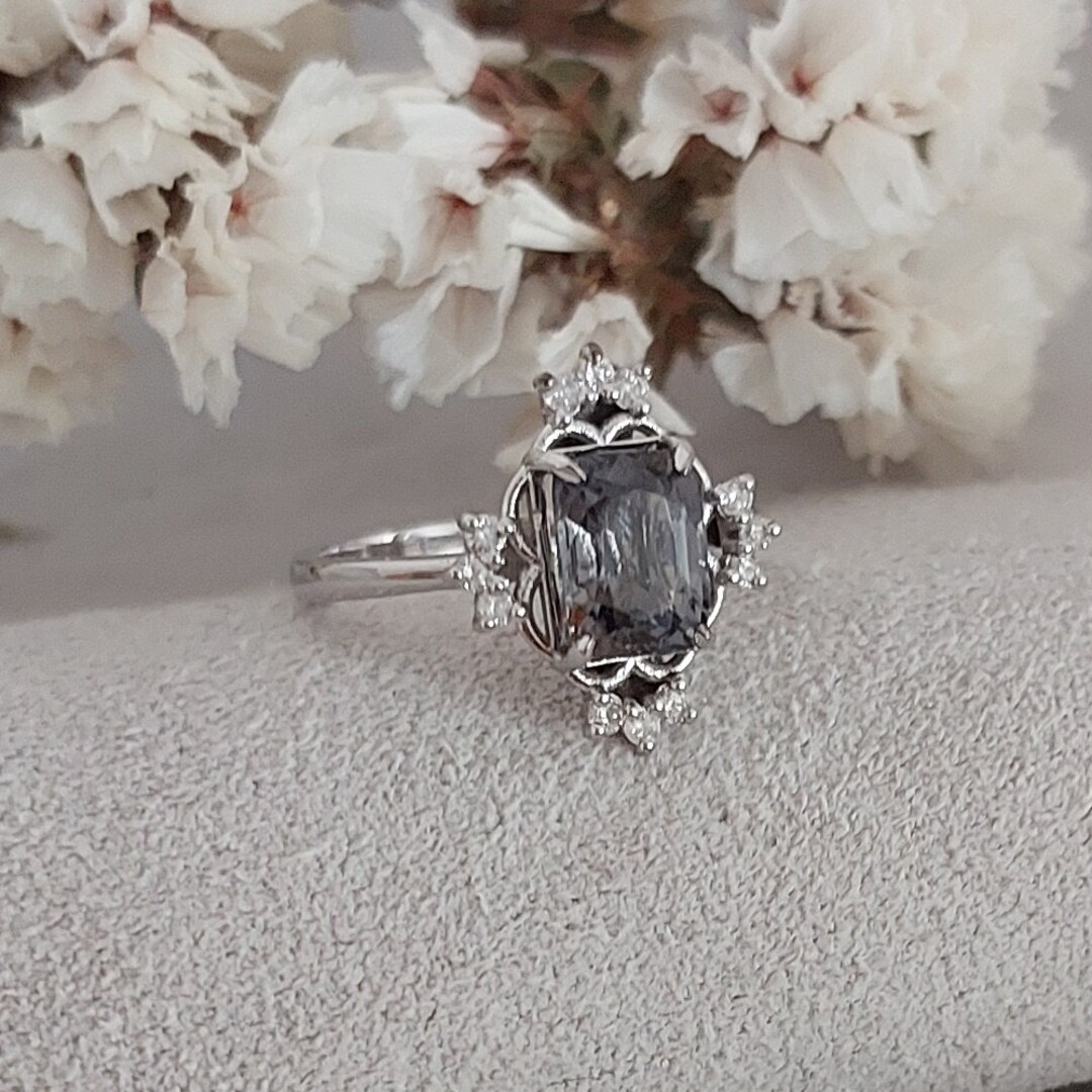 Emerald Cut Spinel Ring, Gray Spinel Ring, Diamond Ring, Stacking Rings ...