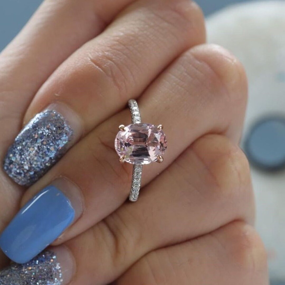 Ovaler Morganit Ring, Natürlicher Diamant Ring, 14K Solid Gold Ring ...