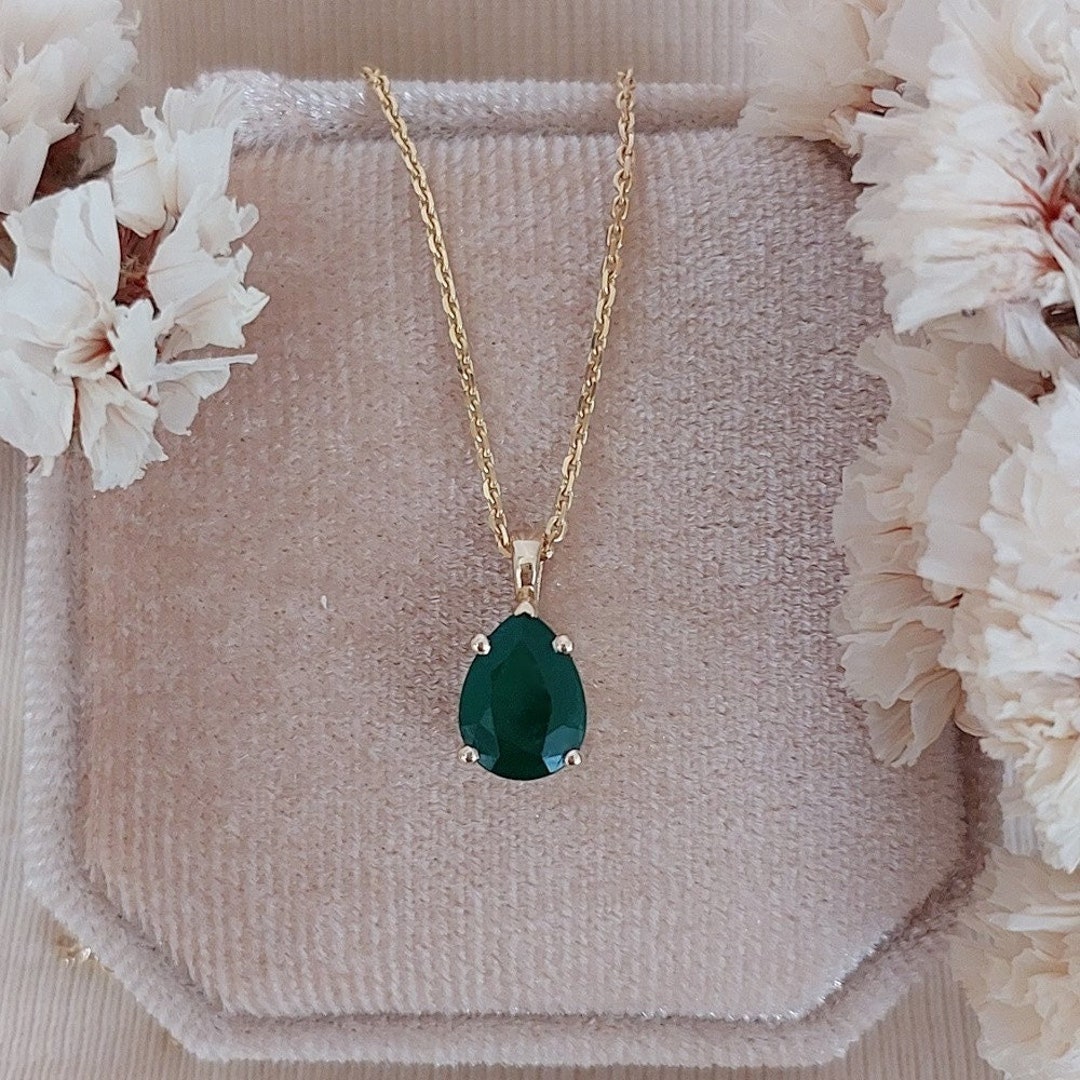 Teardrop Emerald Necklace, Pear Cut Emerald Pendant, 14K Solid Gold ...