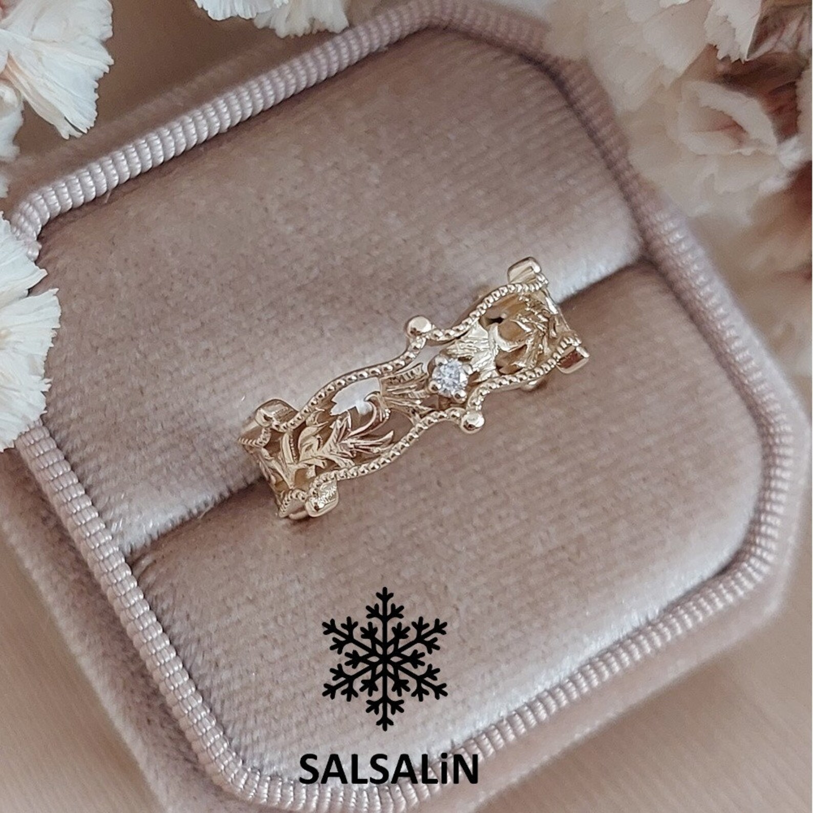 Leaf Ivy Ring, Yellow Gold Band, Natural Diamond Band, 14K Solid Gold ...