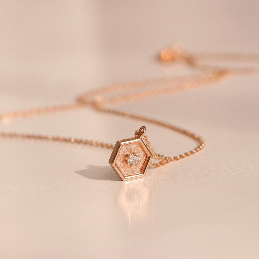 Hexagon Diamond Necklace, Hexagon Shape Gold Necklace, Solid Gold ...
