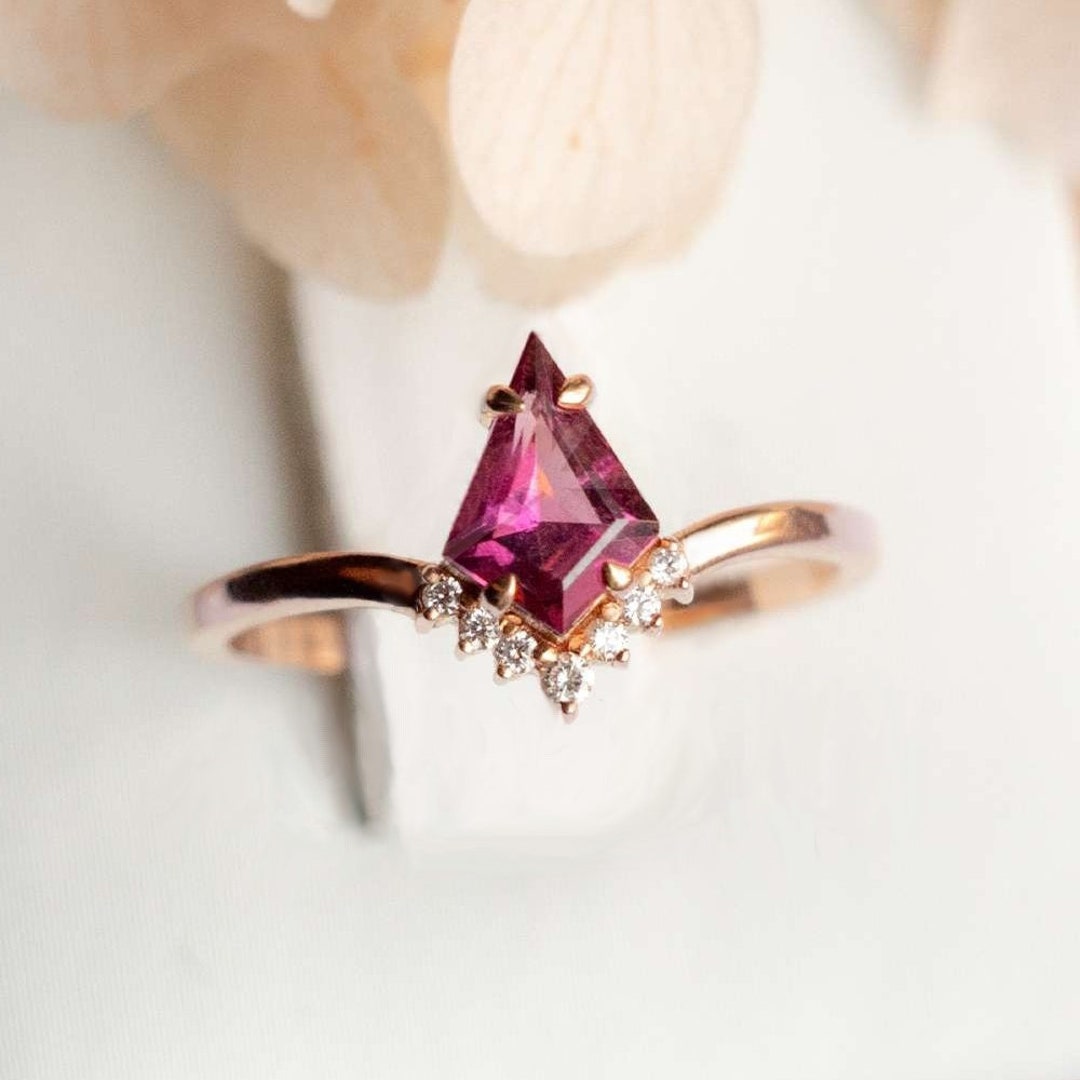 Kite Pink Tourmaline Ring, Diamond Rings, Solid Gold Rings, Kite Cut ...