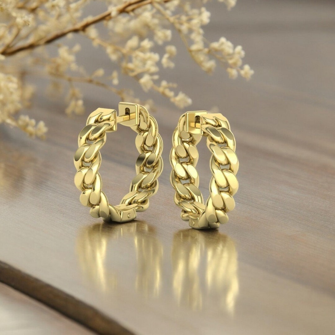 Cuban Link Pair Earrings, Gold Chain Hoop Earrings, 14K Solid Gold ...