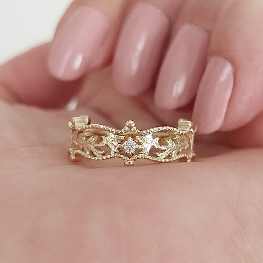 Leaf Ivy Ring, Yellow Gold Band, Natural Diamond Band, 14K Solid Gold ...