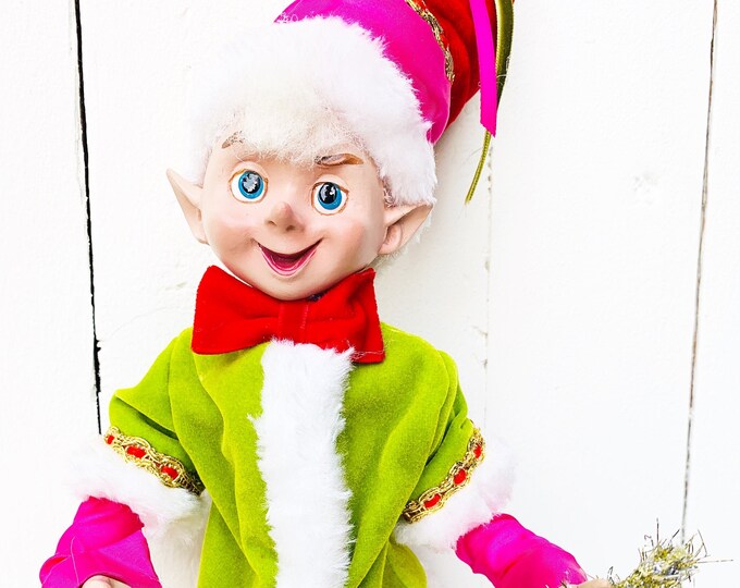 20" Hot Pink and Lime Green Posable Elf With Bells, Luxury Decor, Gone ...