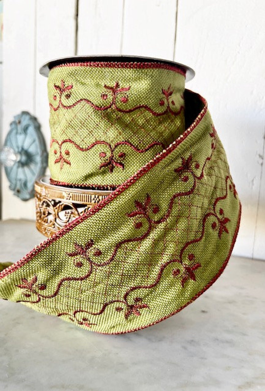 Burlap Embroidered Katherine's Collection 4 X 10Y Wired Ribbon, Luxury ...
