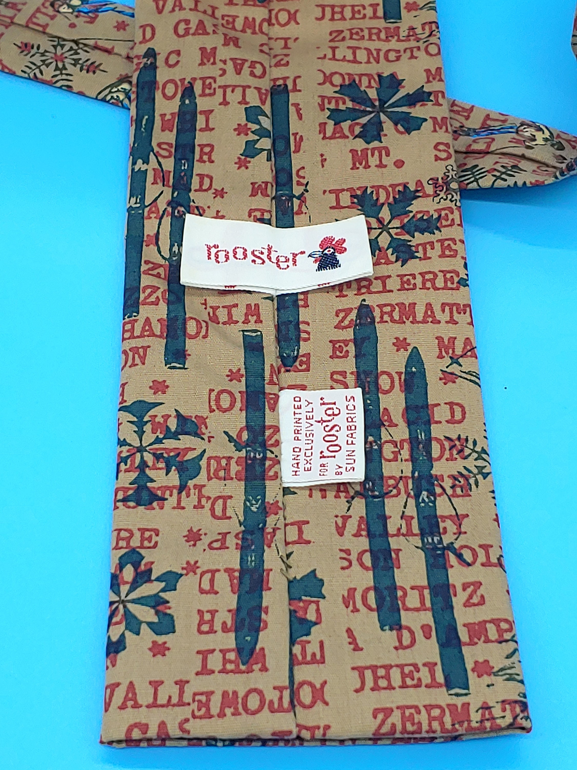 Vintage Hand Printed ROOSTER Square End Neck Tie 54 Long skiing themed ...