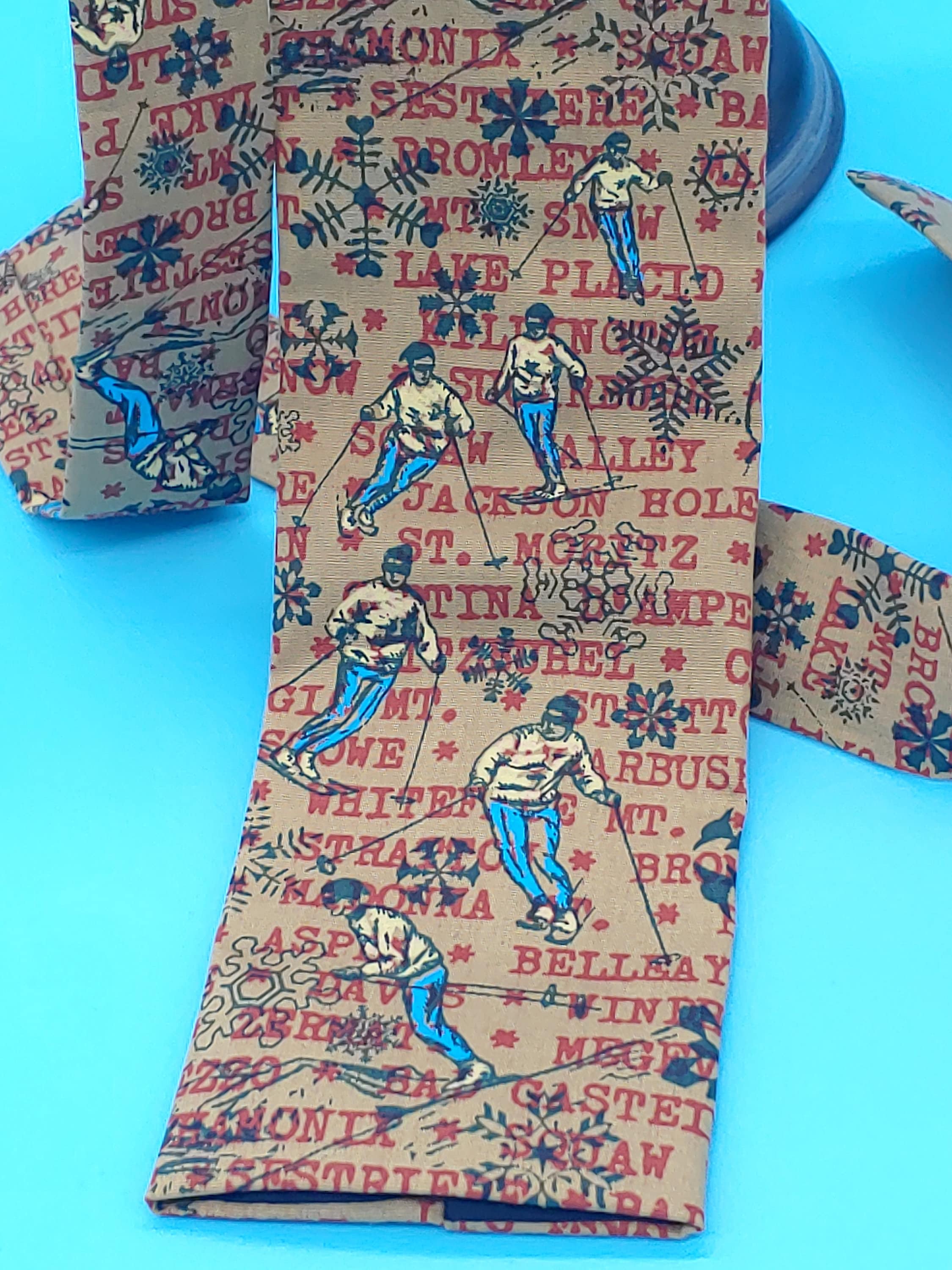 Vintage Hand Printed ROOSTER Square End Neck Tie 54 Long skiing themed ...