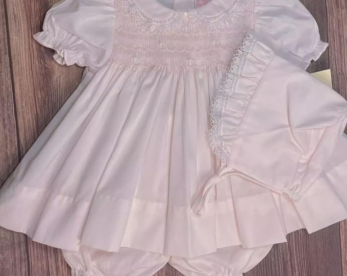 Petit Ami Heirloom Smocked Pink Dress Set With Bonnet & Lace in 3 ...