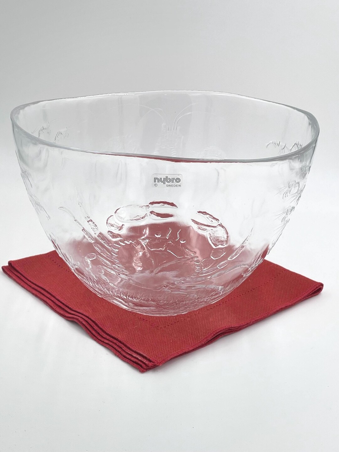 Vintage Scandinavian 9” Glass Bowl by Nybro Glasbruk, Embossed Crab ...