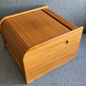 Mid Century Teak Tambour Roll Top Storage Box, Desk Top Organizer ...