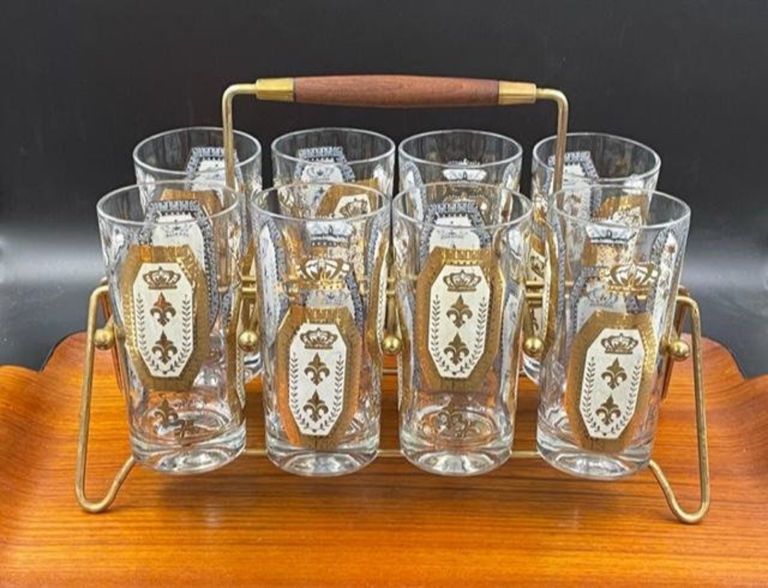 Mid Century Highball Glasses and Brass Caddy, Wood Handle, Set of 8 ...