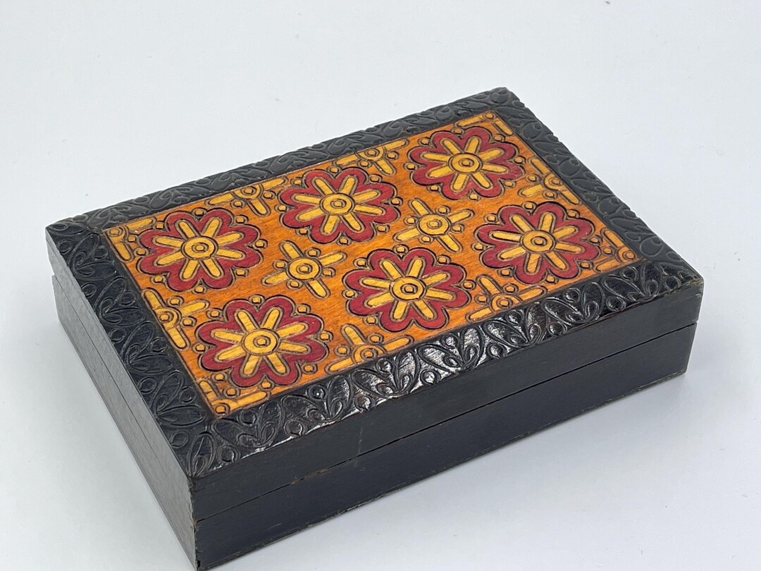 Vintage Wooden Trinket Box, Hand Carved in Poland, Floral Design in ...