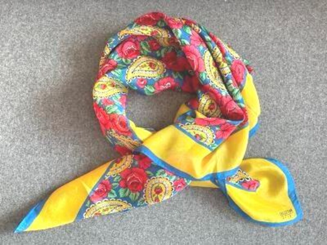 Vintage Silk Scarf by Collection XIIX, Colorful Yellow Border and ...