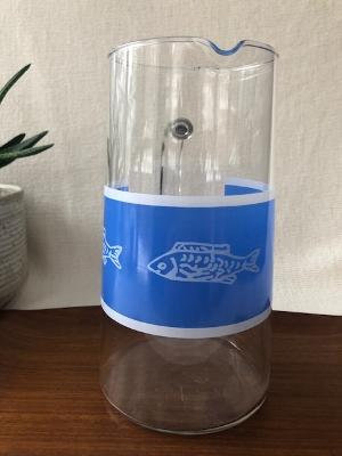 Vintage Hand Blown Glass Pitcher With Blue and White Fish - Etsy
