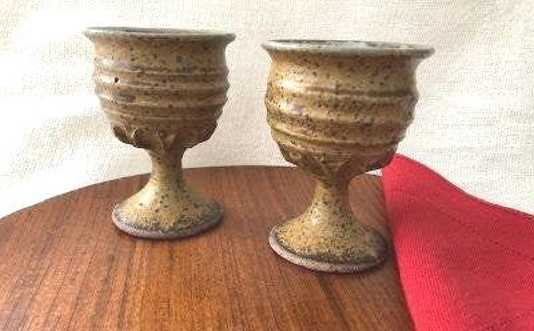 Brutalist Studio Art Pottery Footed Cups, Set of 2, Speckled Glaze in ...