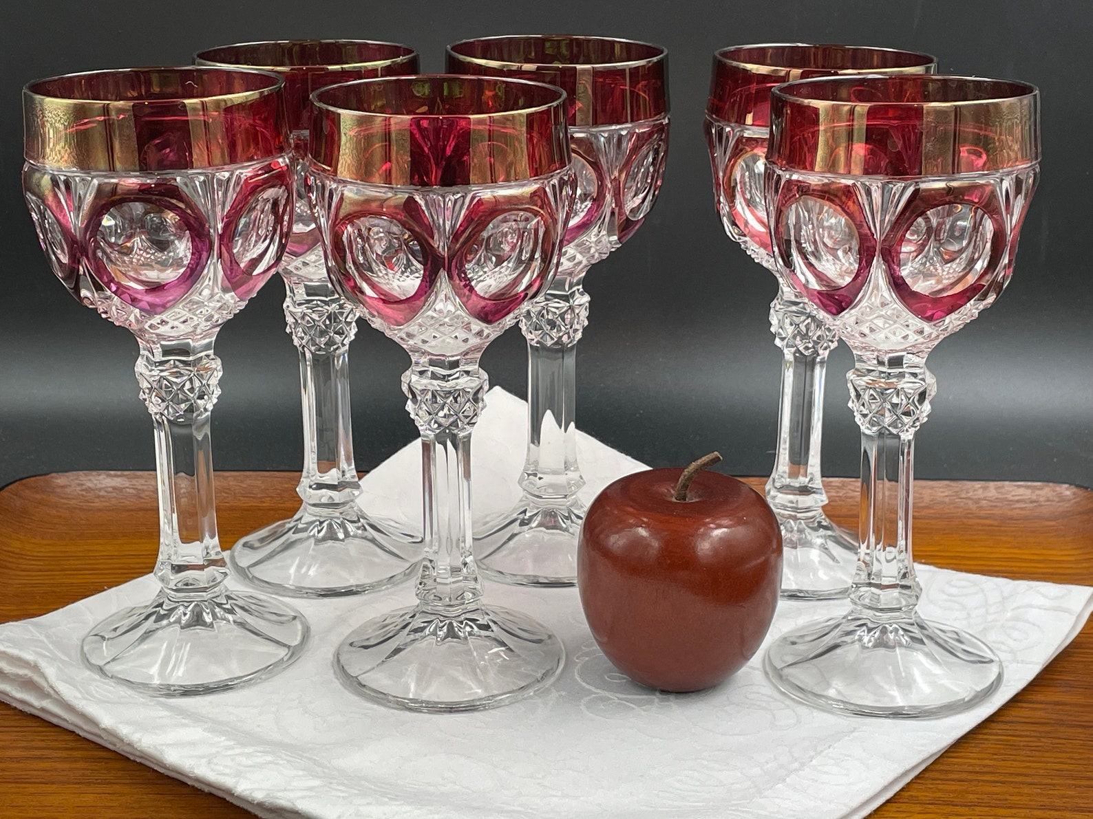 Nachtmann Napoleon Crystal Wine Glasses, Ruby Band and Bowl, Set of 6 ...