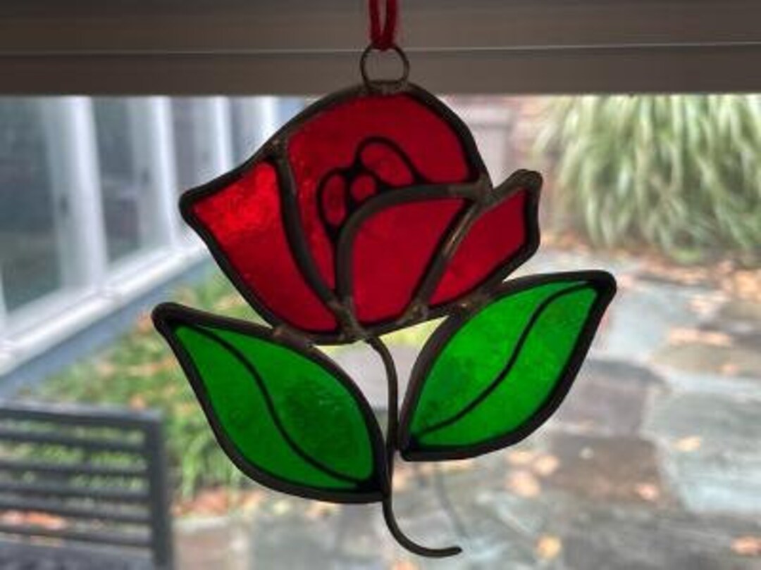 Vintage Stained Glass Sun Catcher, Red Rose With Green Leaves, Art ...