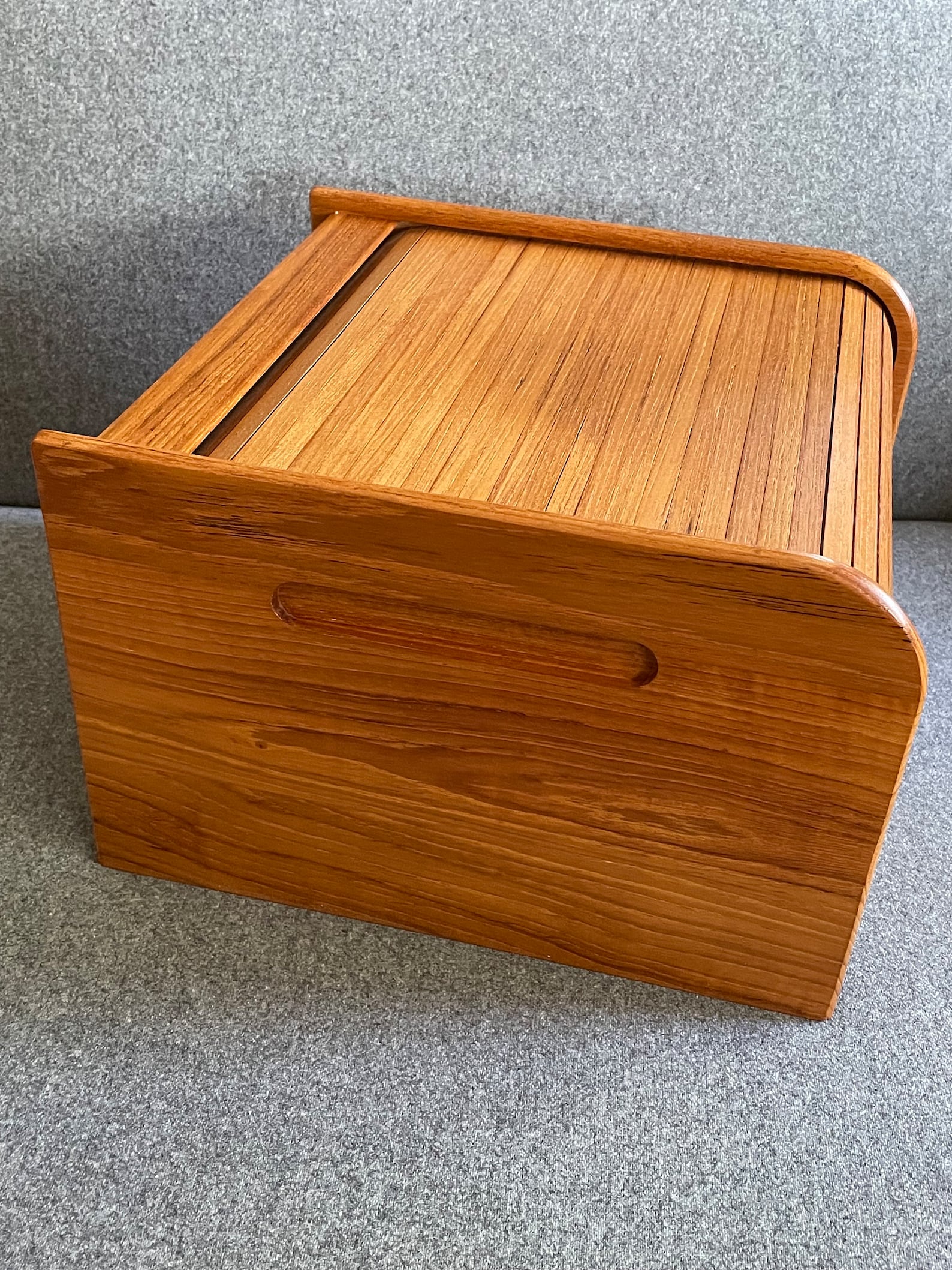 Mid Century Teak Tambour Roll Top Storage Box, Desk Top Organizer ...