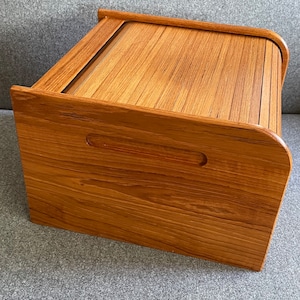 Mid Century Teak Tambour Roll Top Storage Box, Desk Top Organizer ...