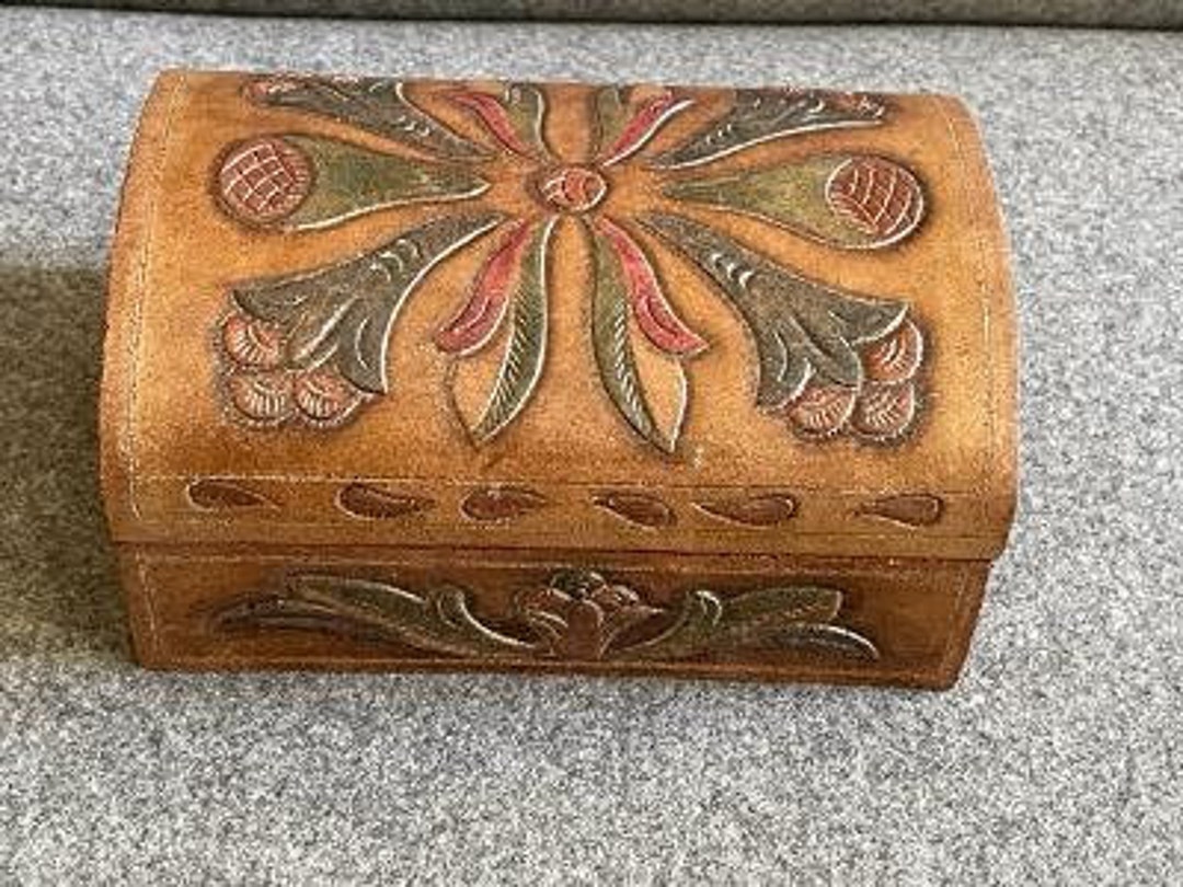 Vintage Hand Tooled Leather Wrapped Wood Box With Domed Cover for ...