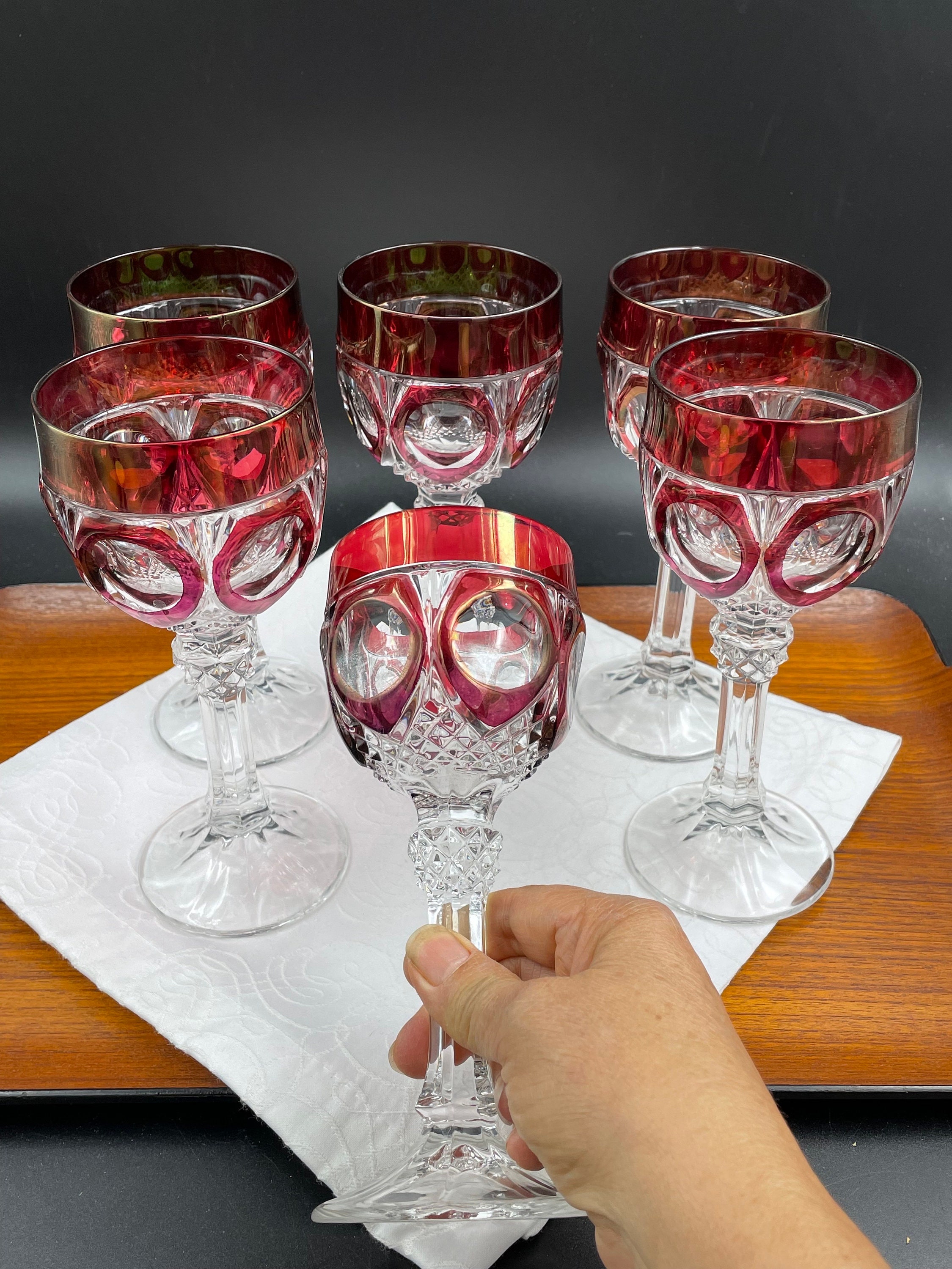 Nachtmann Napoleon Crystal Wine Glasses, Ruby Band and Bowl, Set of 6 ...