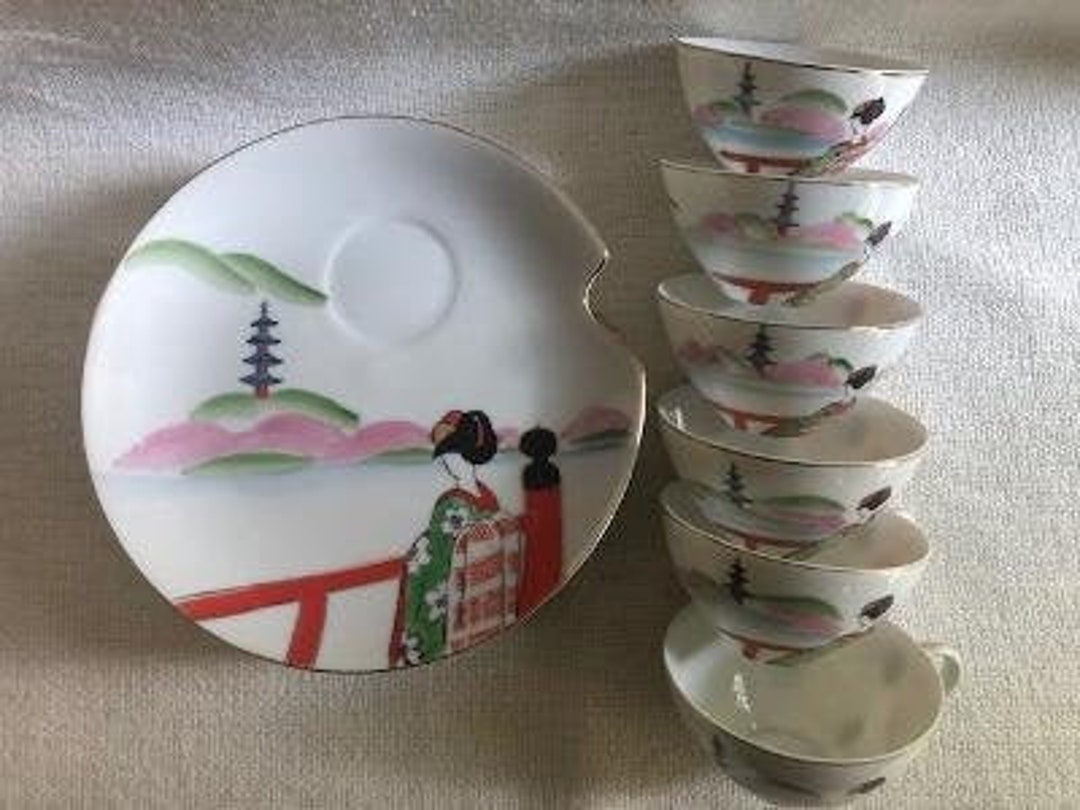 Vintage Art Deco Snack Sets, Japanese Hand Painted Scene of Woman and ...