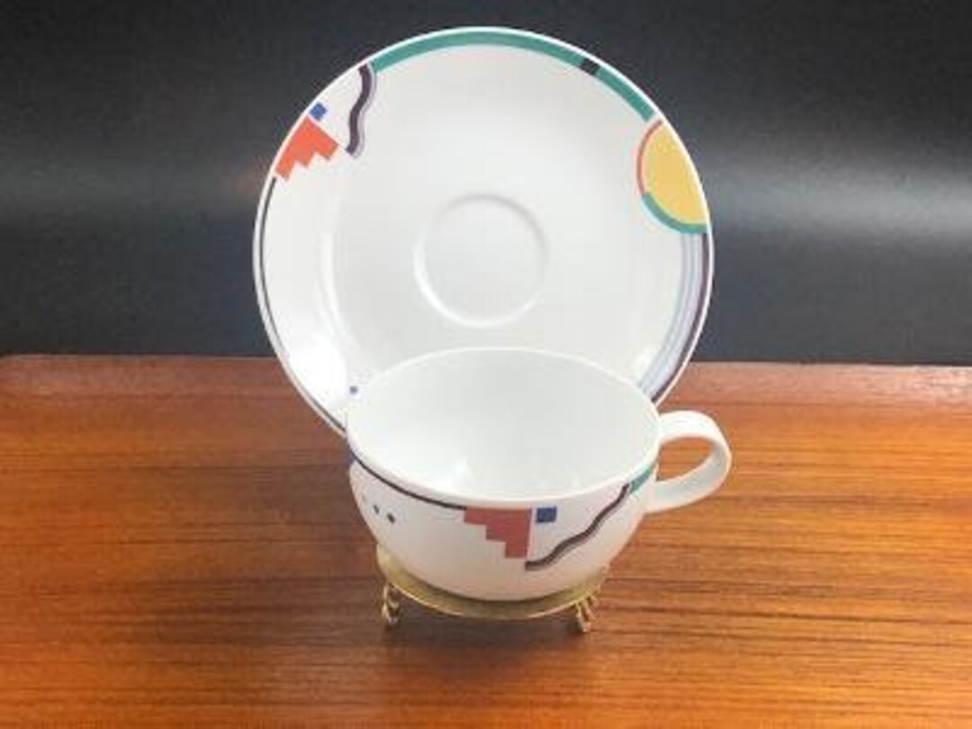 Vintage Studio Nova Orbit Cup and Saucer, Multicolor Deco Style, Triangles and Circles, 1980s to ...