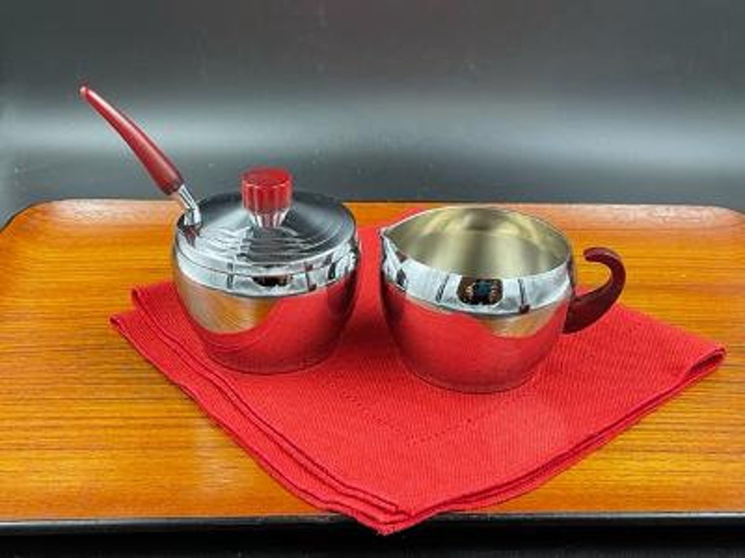 Vintage Chrome and Red Bakelite Cream and Sugar Set With Matching Spoon ...