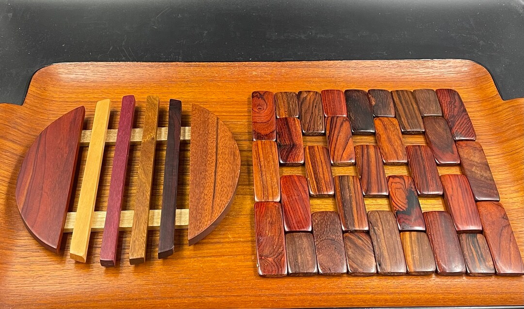 Vintage Wood Trivets, One Round Slatted and One Square Foldable, Set of ...