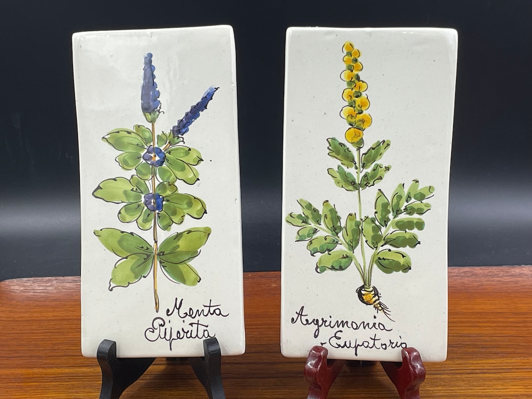 Vintage Botanical Ceramic Tiles Made in Italy, Set of 2, Menta ...