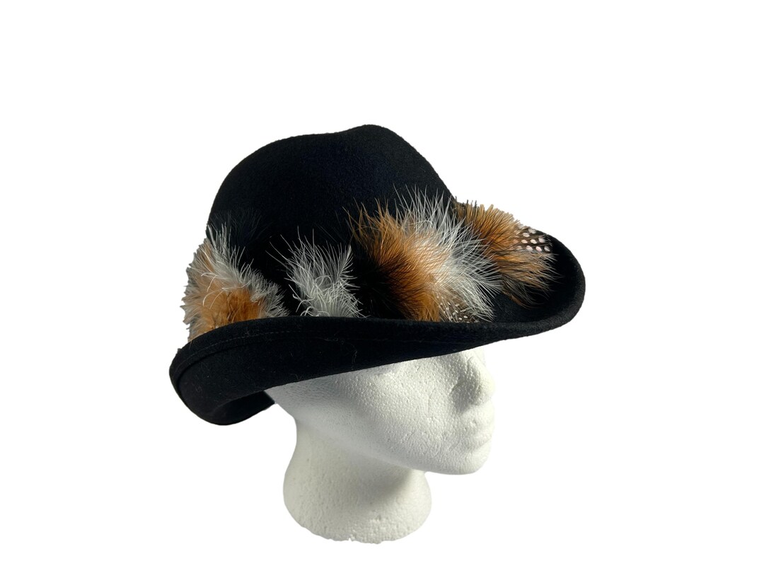 Vintage Geo W Bollman Black Doeskin Felt Wool Fedora Hat Feathers Size ...