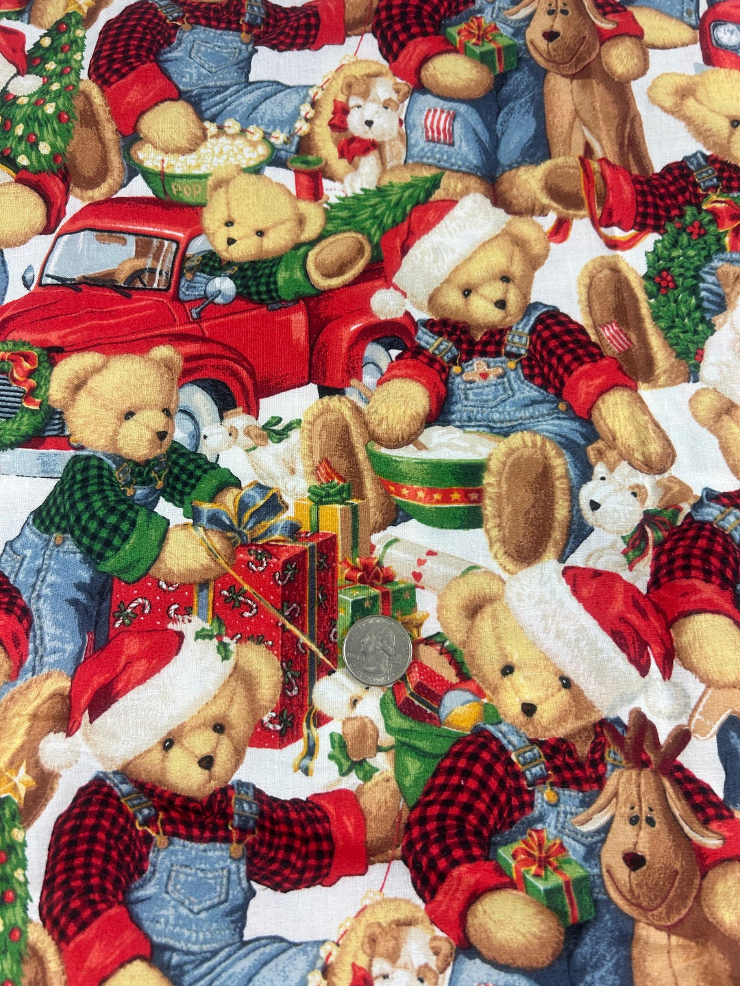 Daisy Kingdom Blue Jean Teddy Bear Christmas Packed All Over Fabric 47 ...