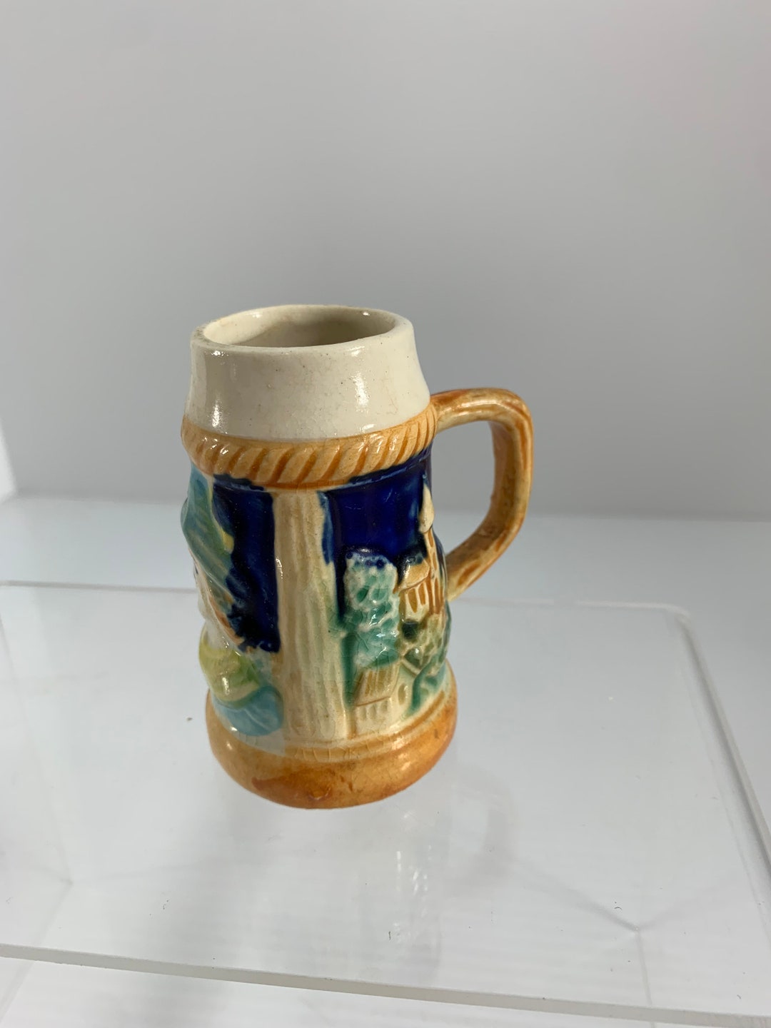 Vintage Miniature Beer Stein 3" Made in Japan Ceramic Blue Green Tan ...