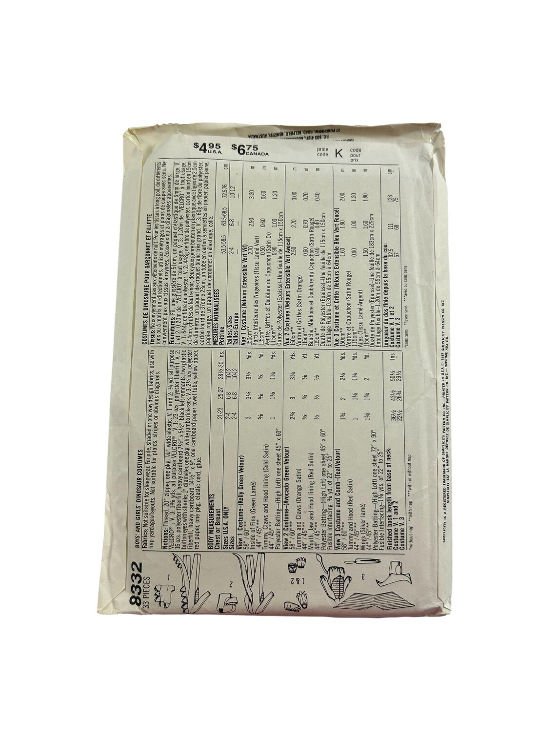 Simplicity 8332 Costume Sewing Pattern Child Size 6-8 Dinosaur ...