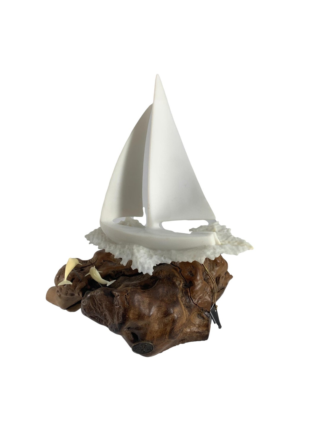Vintage John Perry Sailboat Dolphin Burl Wood Art Sculpture Marine Sea ...