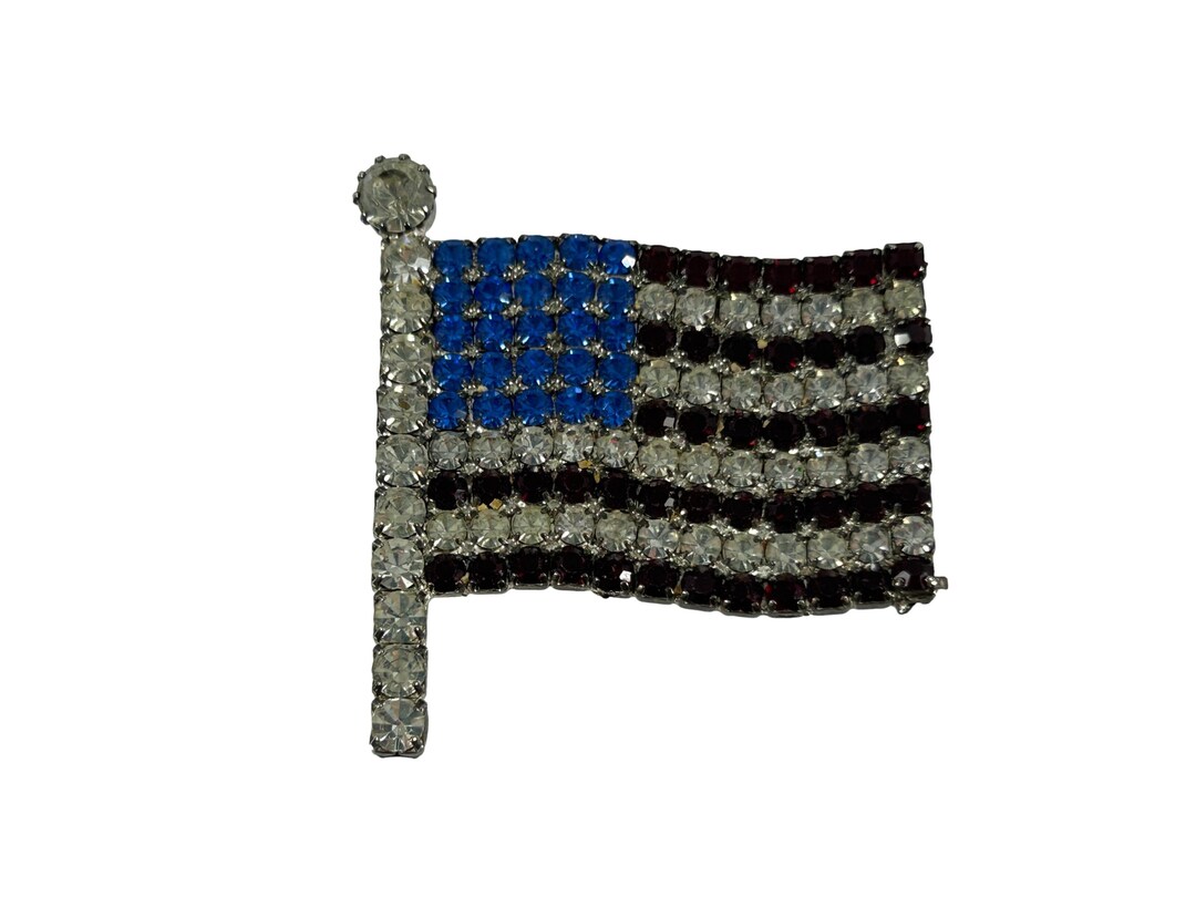 Vintage Large Bright Rhinestone Flag Brooch Pin Patriotic USA Red White ...